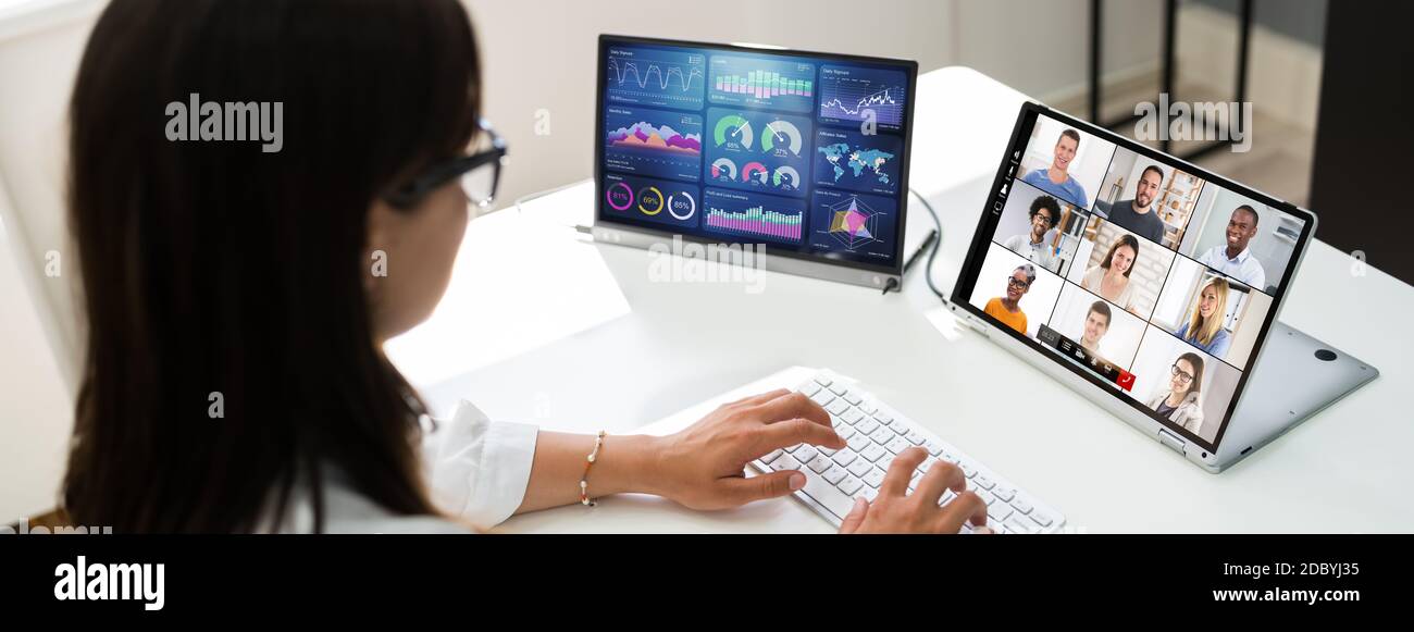 Watching Video Conference Business Webinar On Computer Stock Photo - Alamy