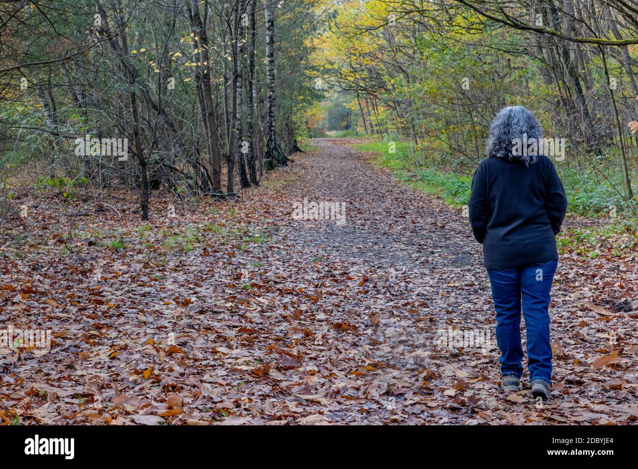 Mature woman with back to camera, grayish black hair, walking calmly ...
