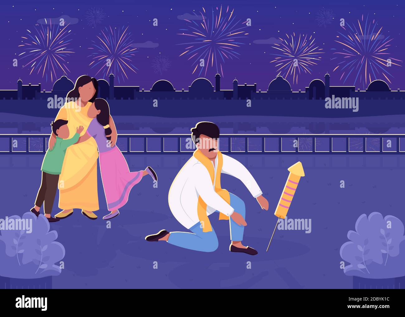 Indian family with fireworks flat color vector illustration Stock ...