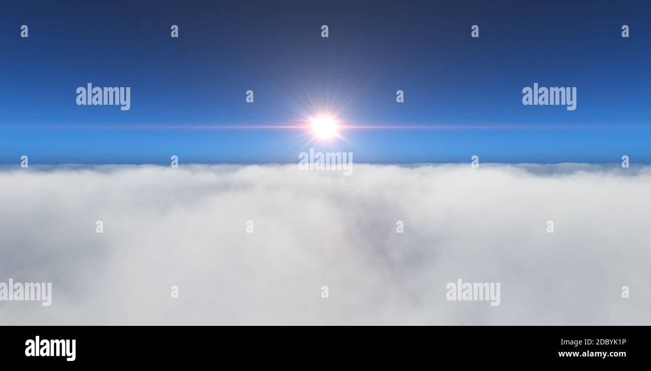 fly above clouds sun ray light, 3d render illustration Stock Photo - Alamy
