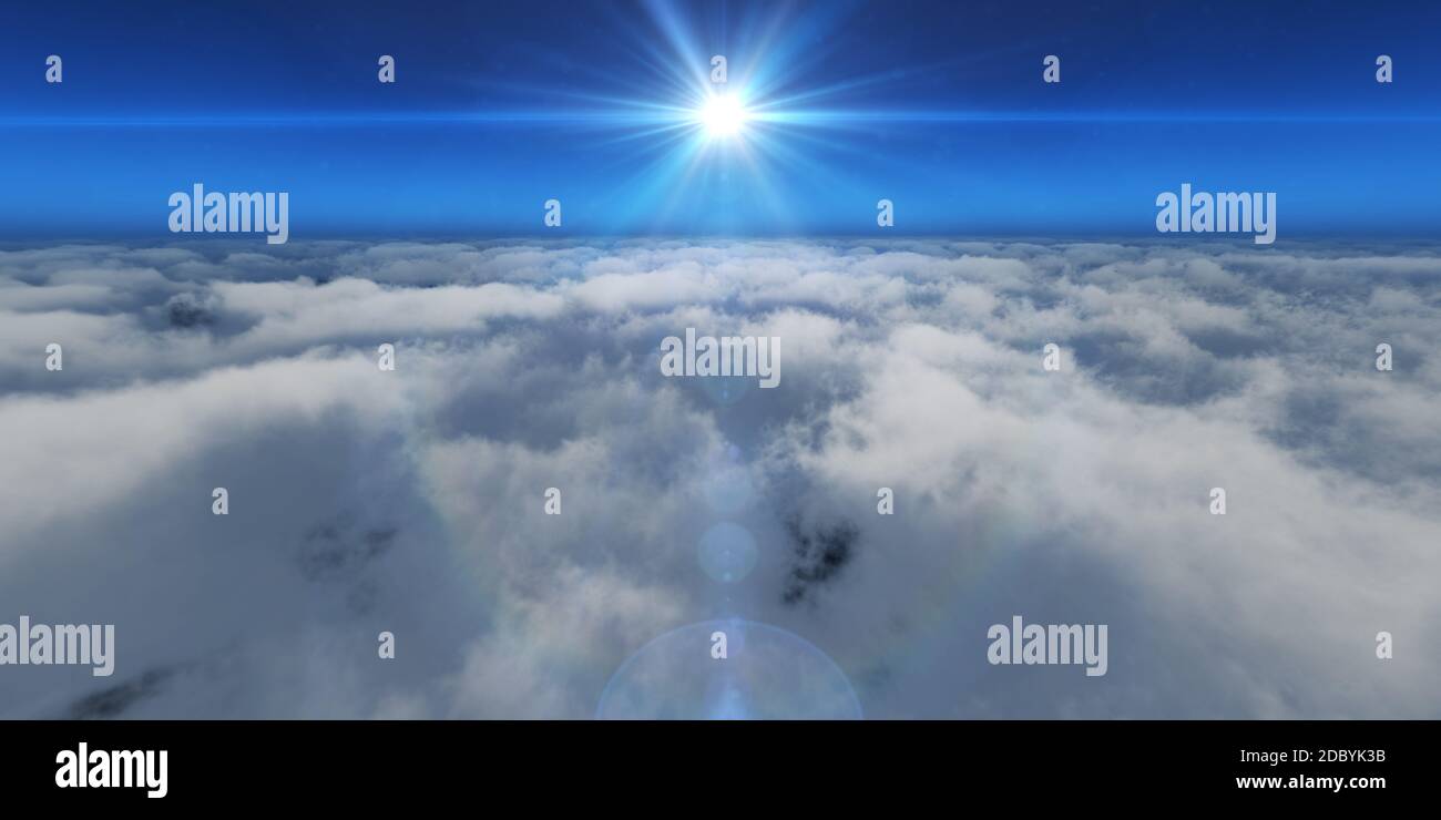 fly above clouds sun ray light, 3d render illustration Stock Photo - Alamy