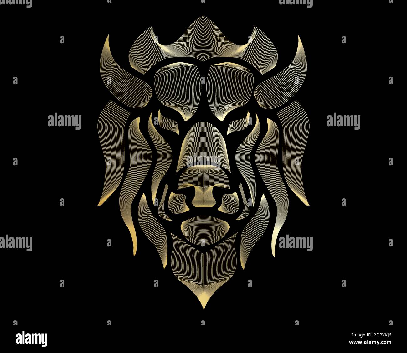 Linear stylized lion. Black and gold graphic. Vector illustration can ...