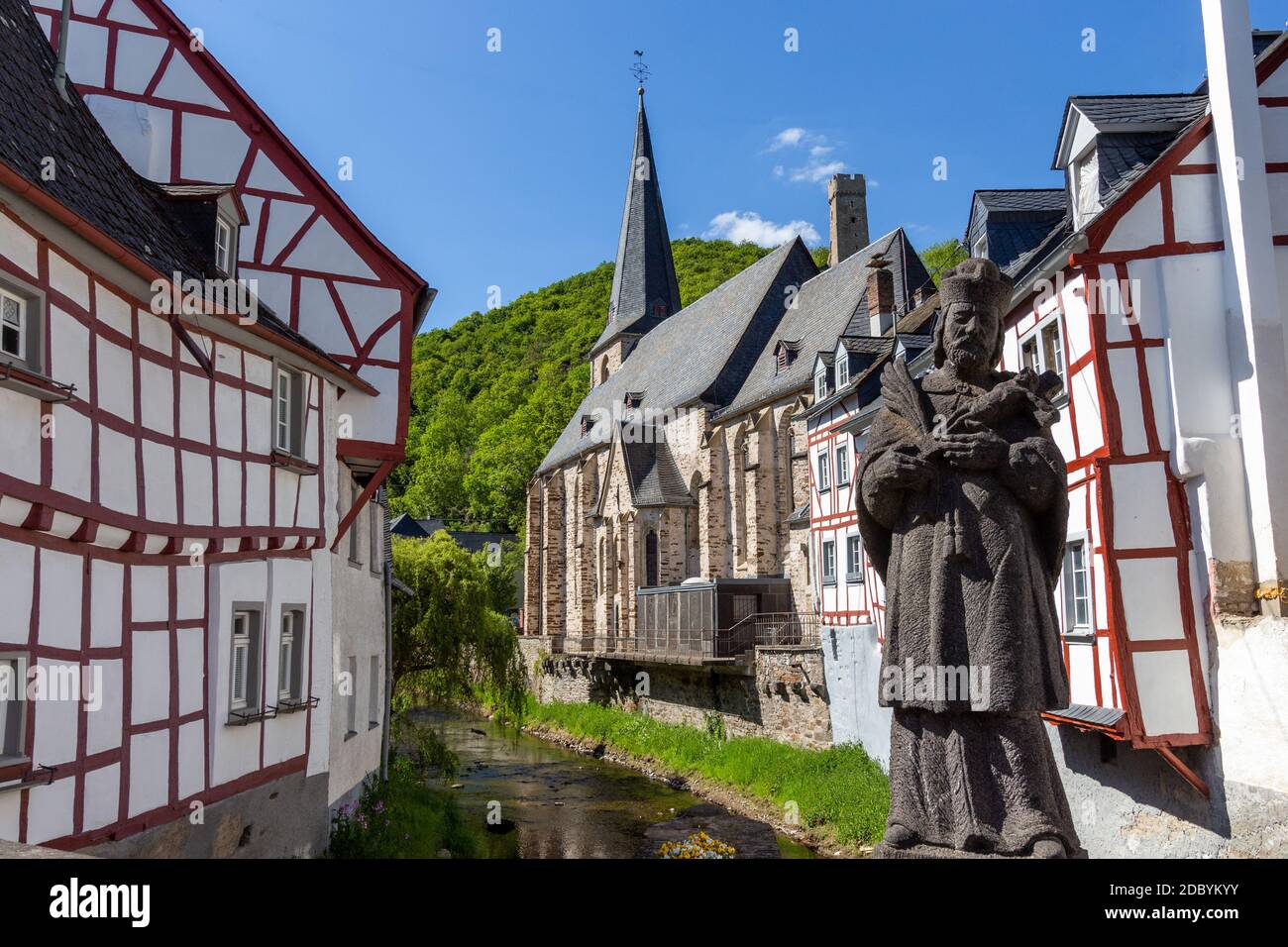 View from an old bridge on River elz and half-timbered houses in ...