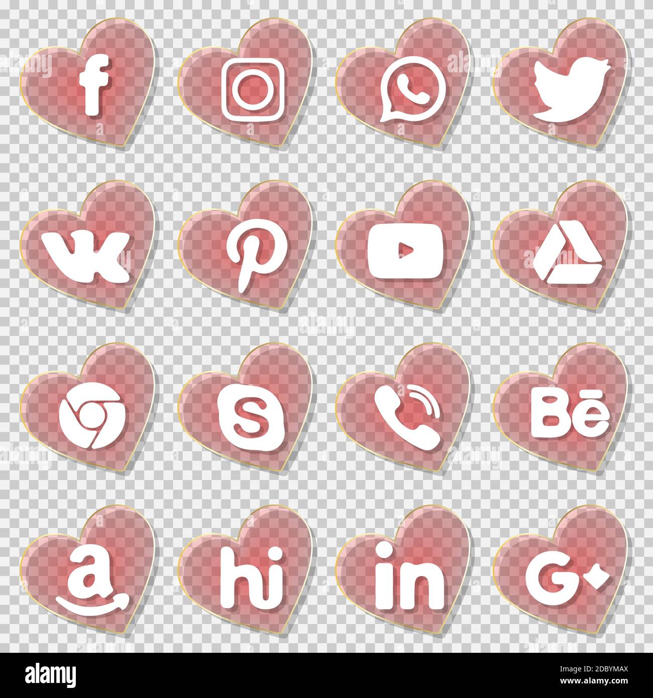 Social network icons on glass red heart, isolated vector objects on ...