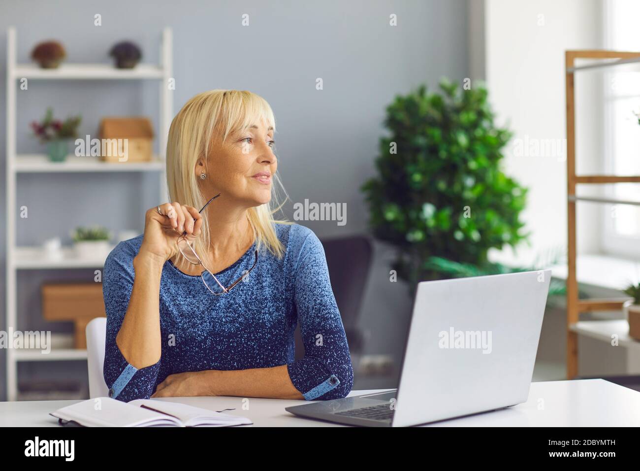 Positive middle aged blonde woman sitting in office at desk with laptop ...