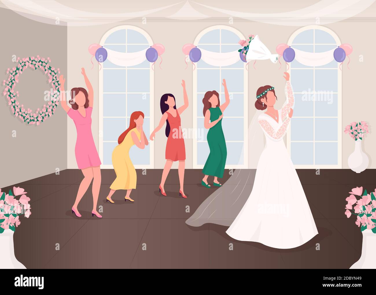 Bouquet throwing tradition flat color vector illustration Stock Vector ...