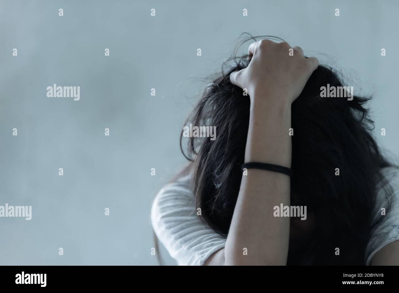 Asian girl hopeless concept after using drug addict feeling be absent ...