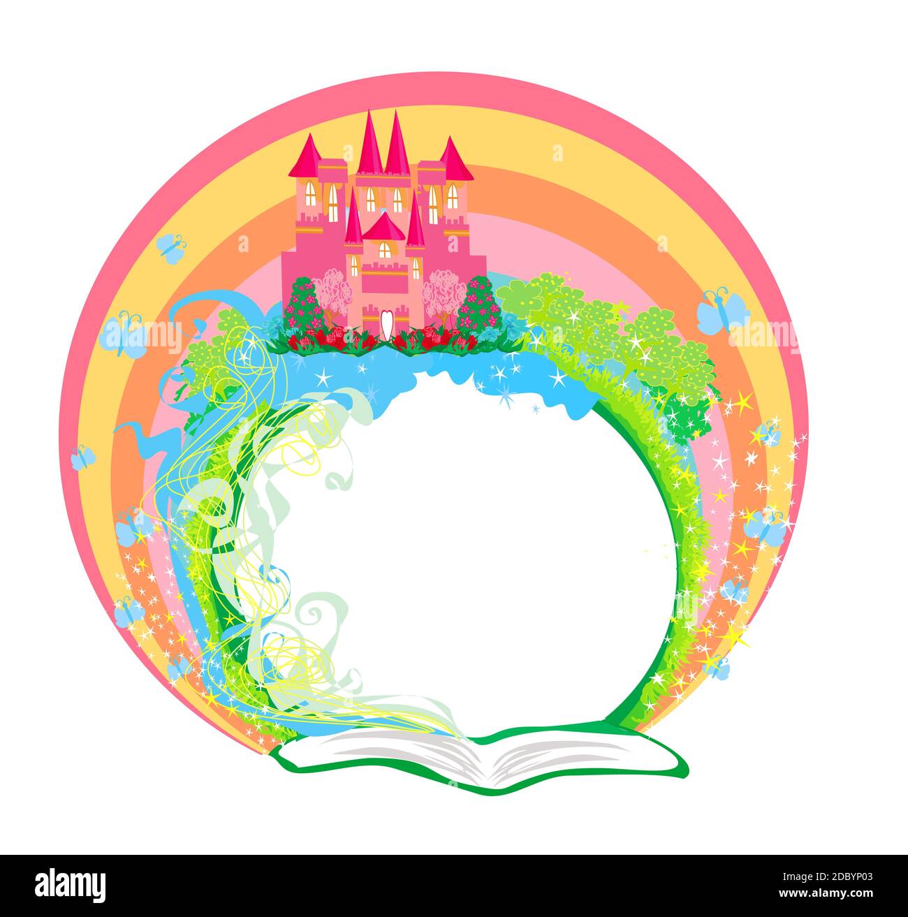 Magic world of tales, fairy castle appearing from the book - frame ...