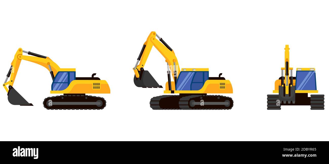 Excavator in different angles. Special machinery in cartoon style Stock ...