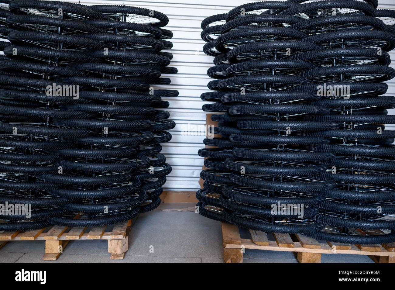 Stacks of new bicycle wheels on a pallet, nobody. Bike parts store on ...