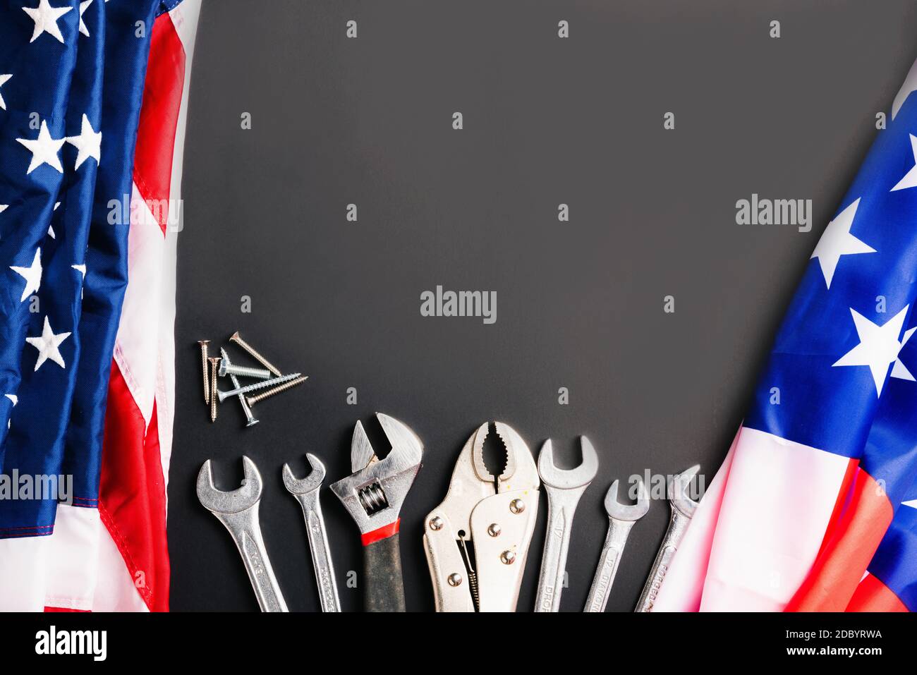 Labor day concept, Top view flat lay of different kinds wrenches with ...