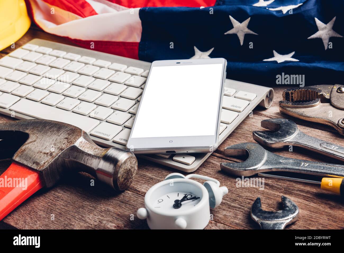 Happy USA Labor day, different kind wrenches with American flag and ...