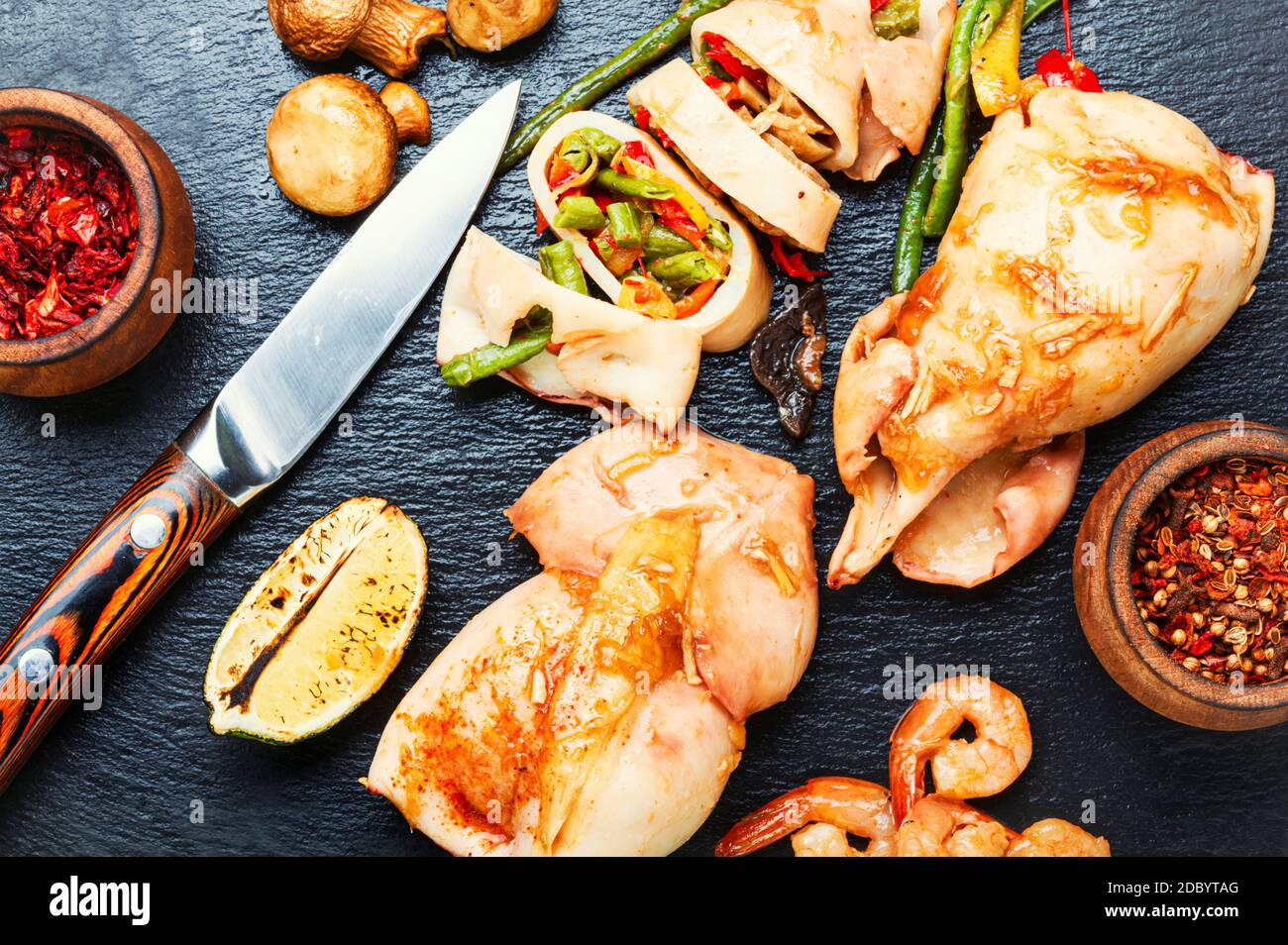 Grilled squid stuffed with vegetables.Delicious stuffed cuttlefish ...