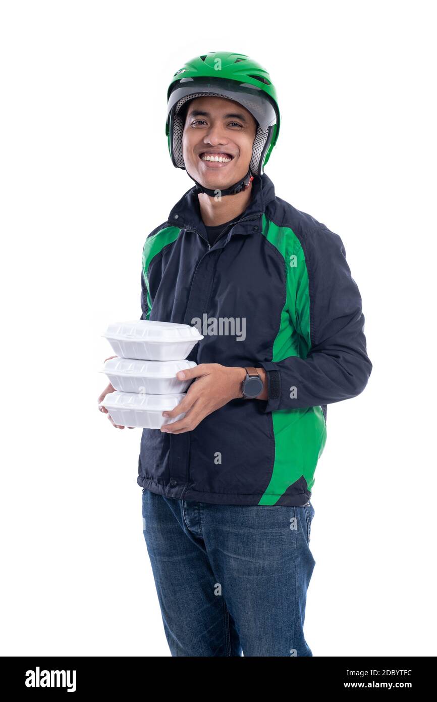 male uber driver with food delivery isolated over white background ...