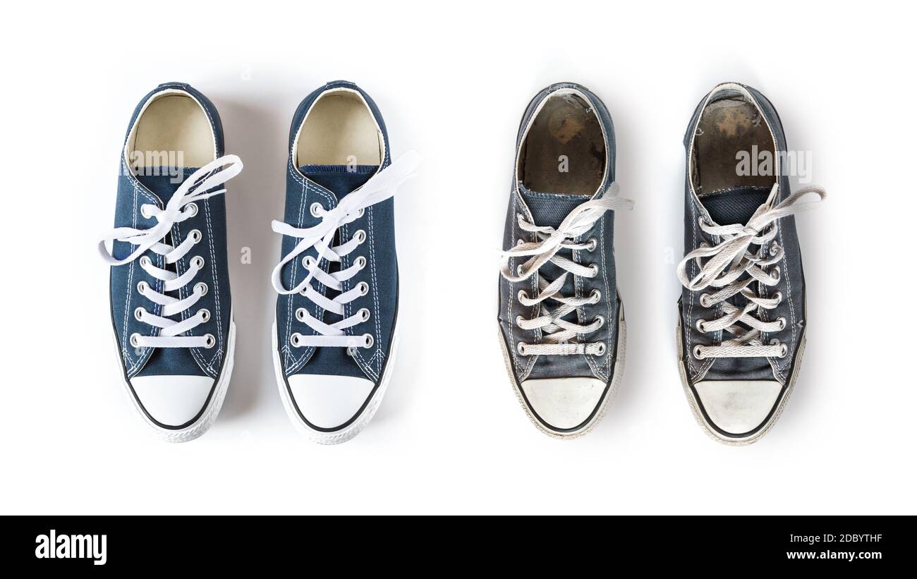 New and old blue generic sneakers isolated on white background Stock ...