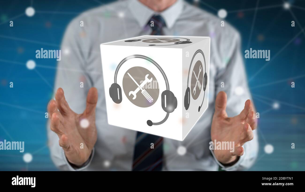 Technical support concept between hands of a man in background Stock ...