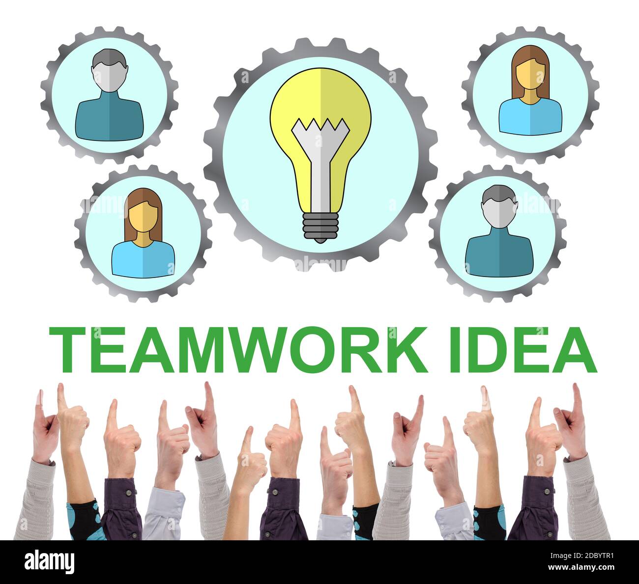 Teamwork idea concept on white background pointed by several fingers ...