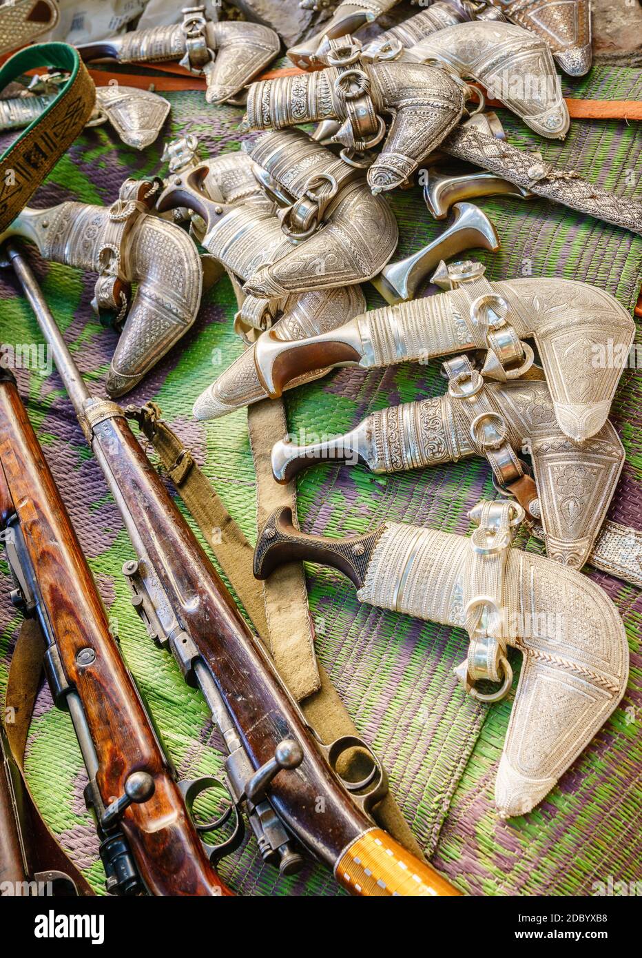 Khanjars and rifles on display at the gun Friday market in Nizwa, Oman ...