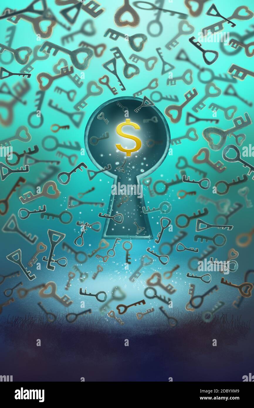 Business media are dollar symbols floating in the keyhole, with blue ...