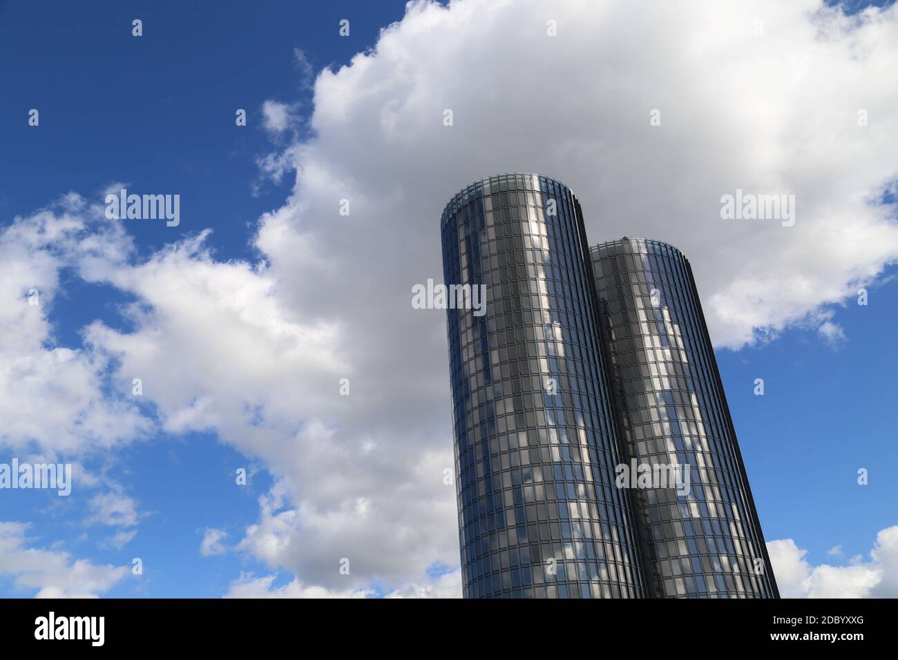Riga, Latvia - August 07 2017: Modern glass skyscrapers. Two round ...
