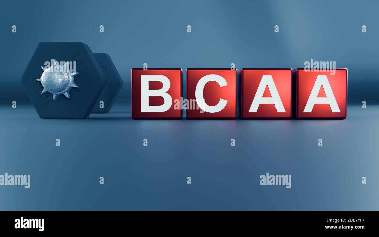 Blocks with the Letters BCAA and a dumbbell on a blue background with ...