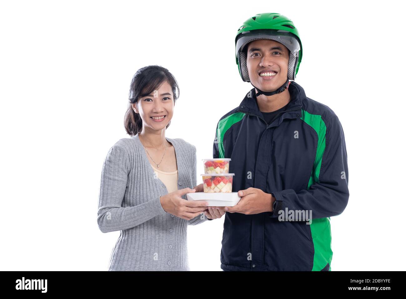 asian delivery courier delivering food to female customer isolated over ...