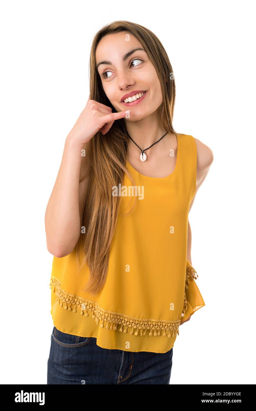 beautiful woman making a call me gesture Stock Photo - Alamy