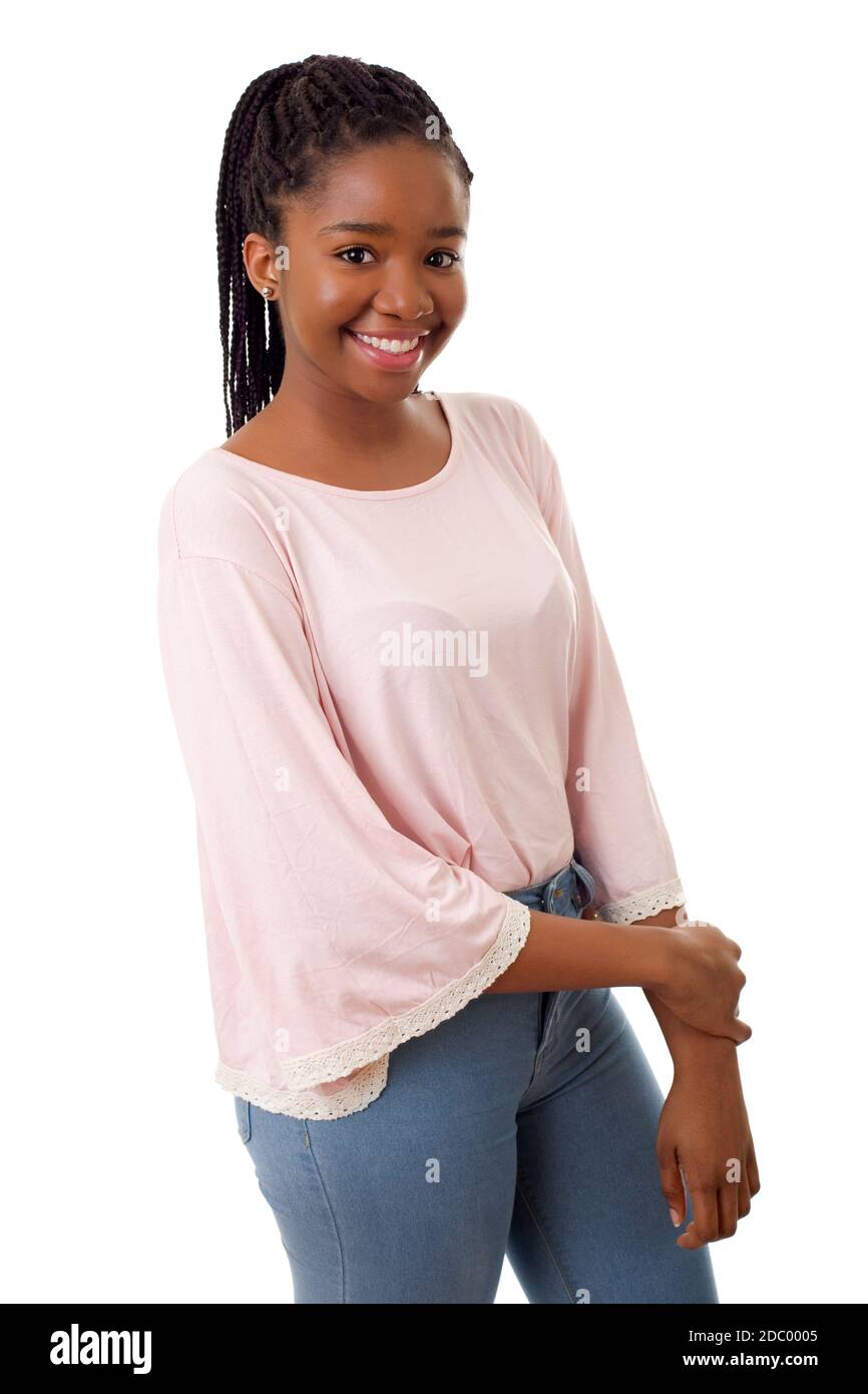 Happy african girl isolated on white background Stock Photo - Alamy