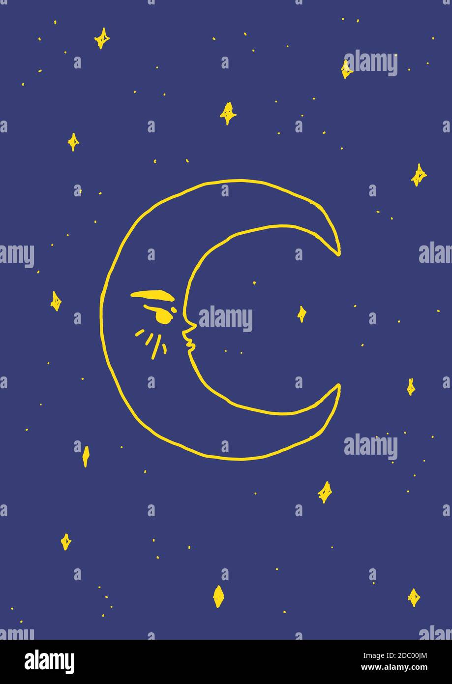 Drawing of moon with smiling face in space Stock Photo - Alamy