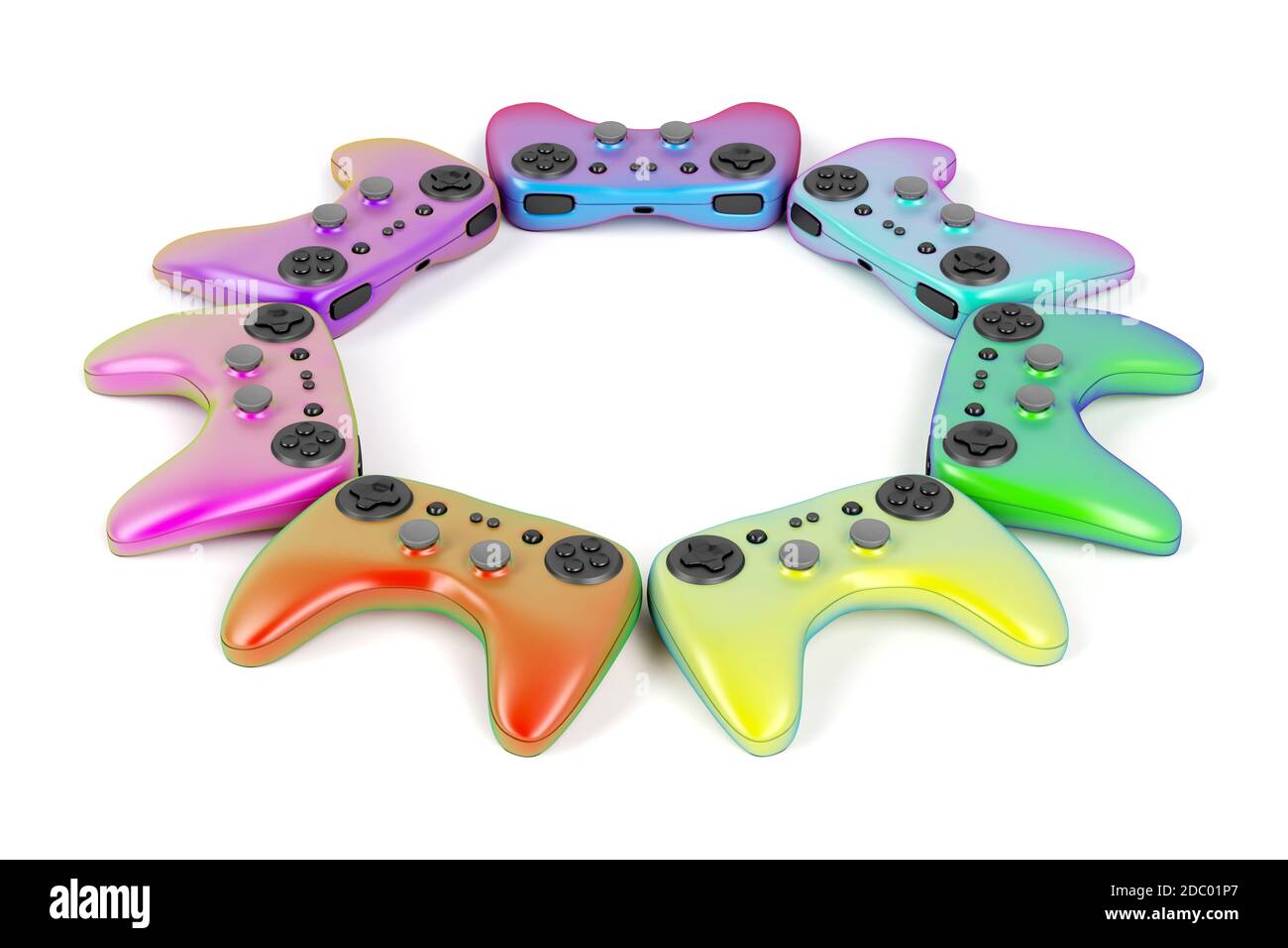 Wireless game controllers with different colors on white background ...