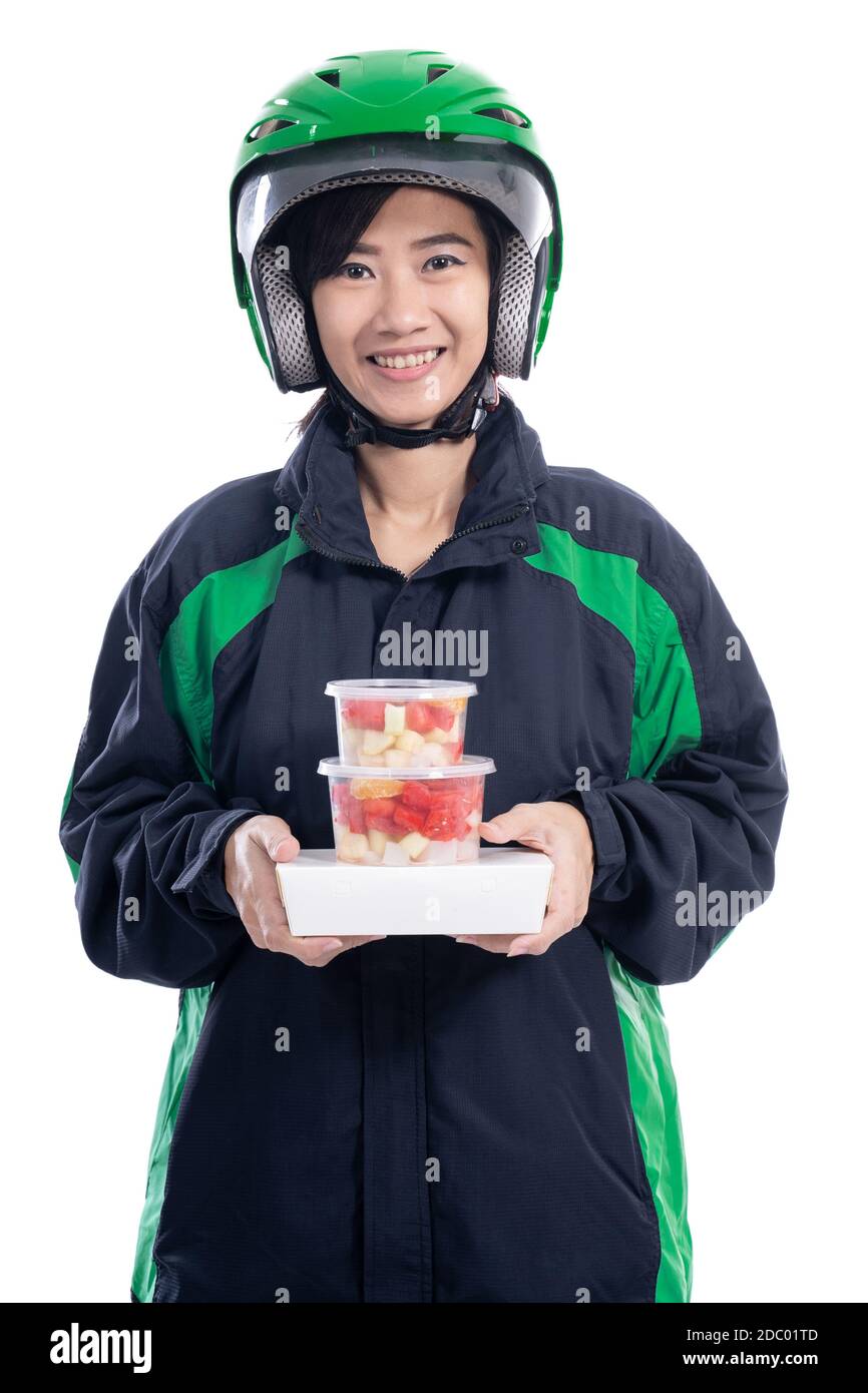 female delivery service. uber rider food shipping isolated over white ...