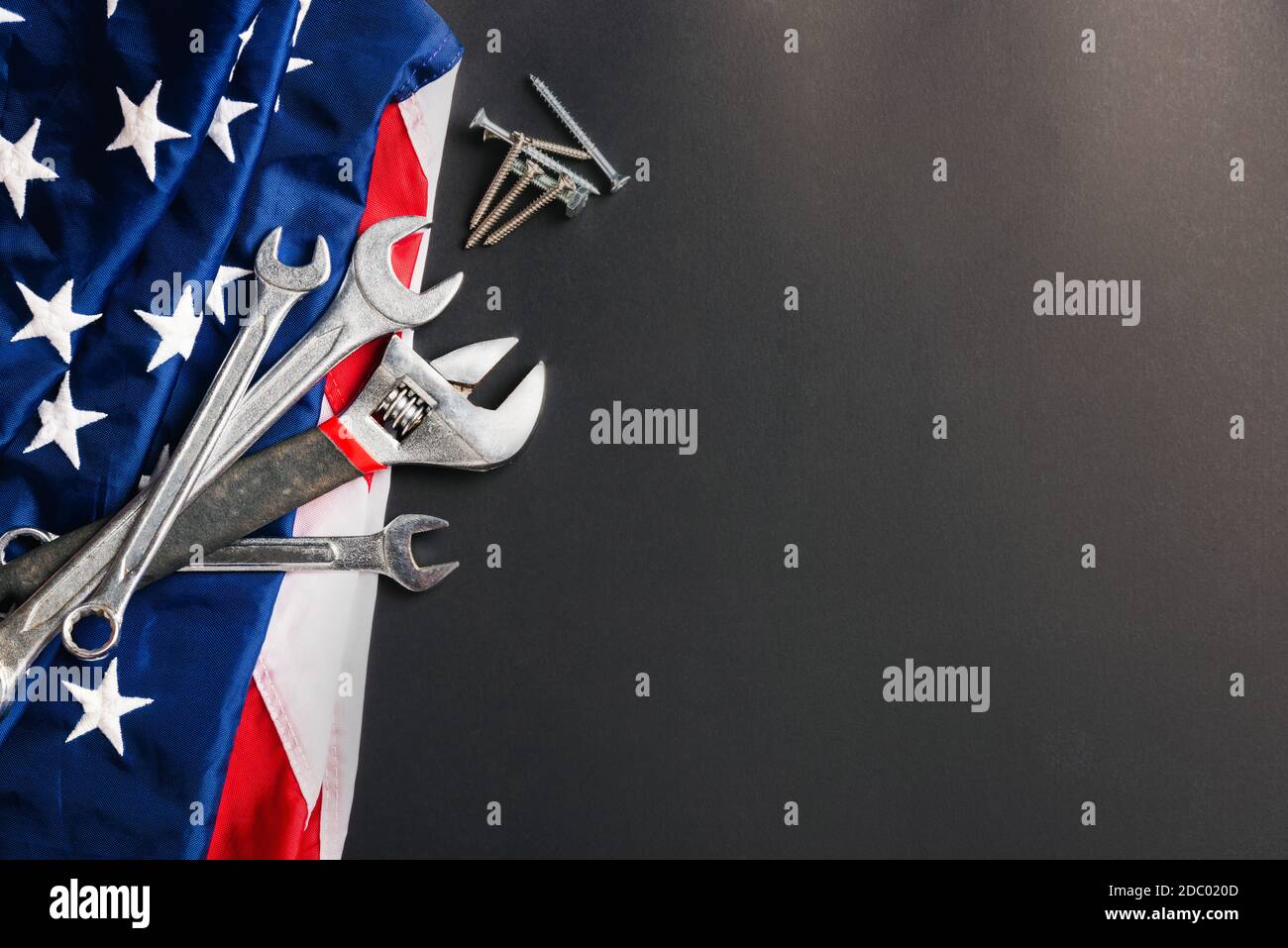 Labor day concept, Top view flat lay of different kinds wrenches with ...