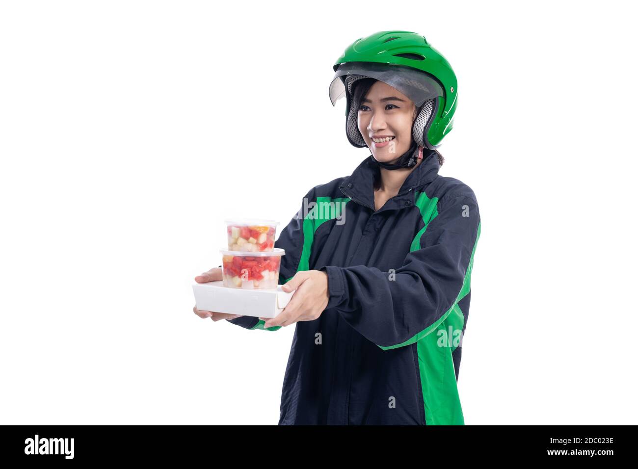 female delivery service. uber rider food shipping isolated over white ...