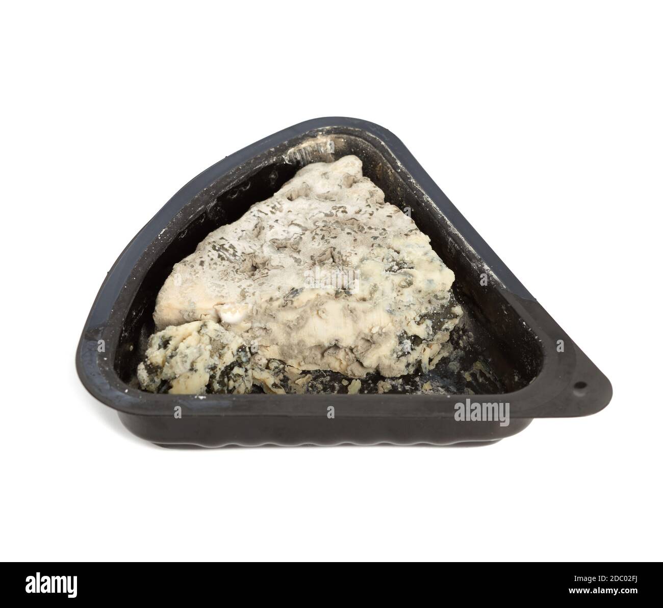 slice of blue cheese in black plastic container isolated on white ...