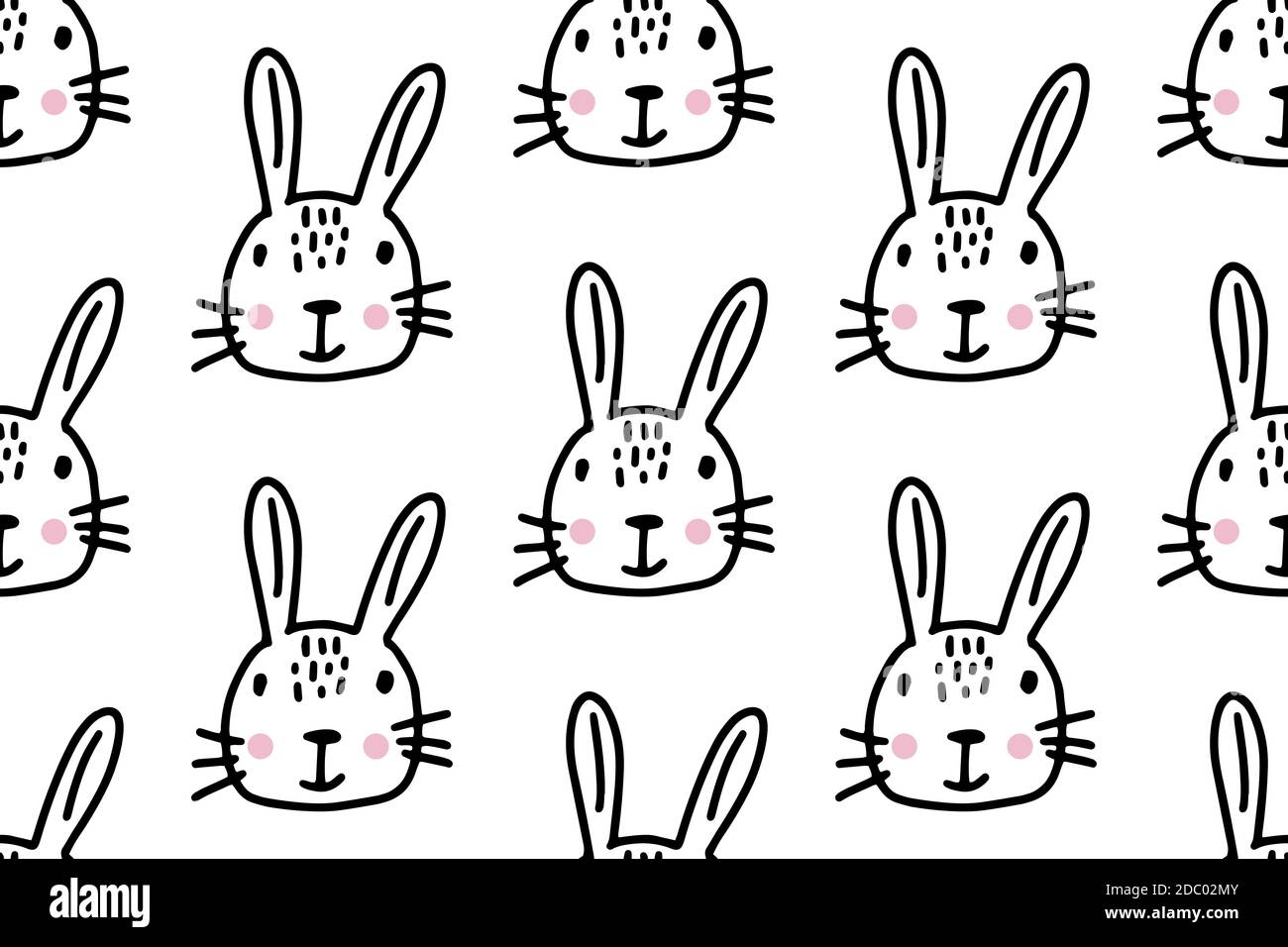 Hand drawn lines cartoon bunny. Doodle seamless pattern for kids ...