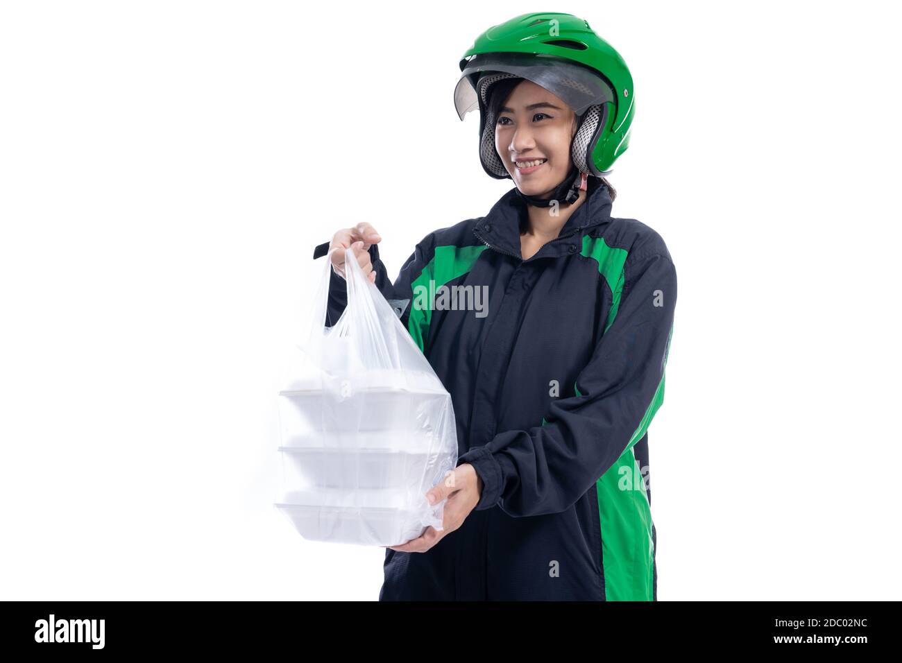 female delivery service. uber rider food shipping isolated over white ...