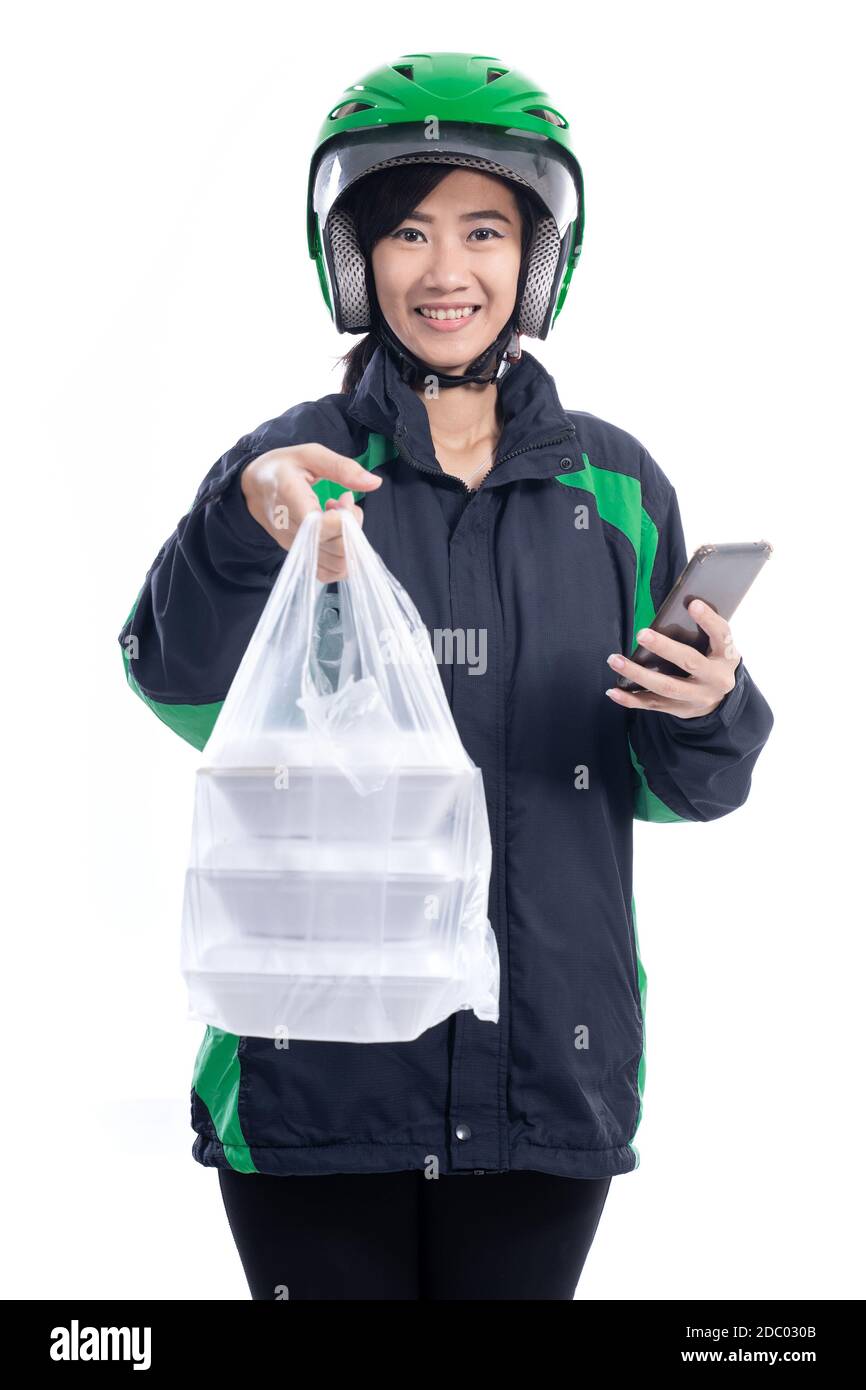 female delivery service. uber rider food shipping isolated over white ...