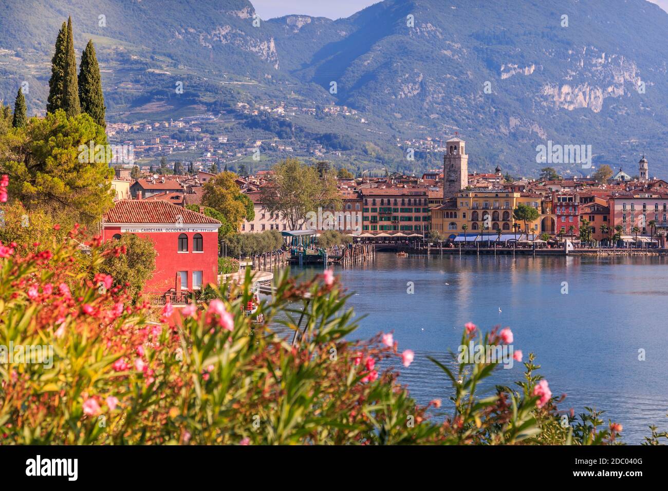 Elevated view overlooking the harbour at Riva del Garda, Lake Garda ...