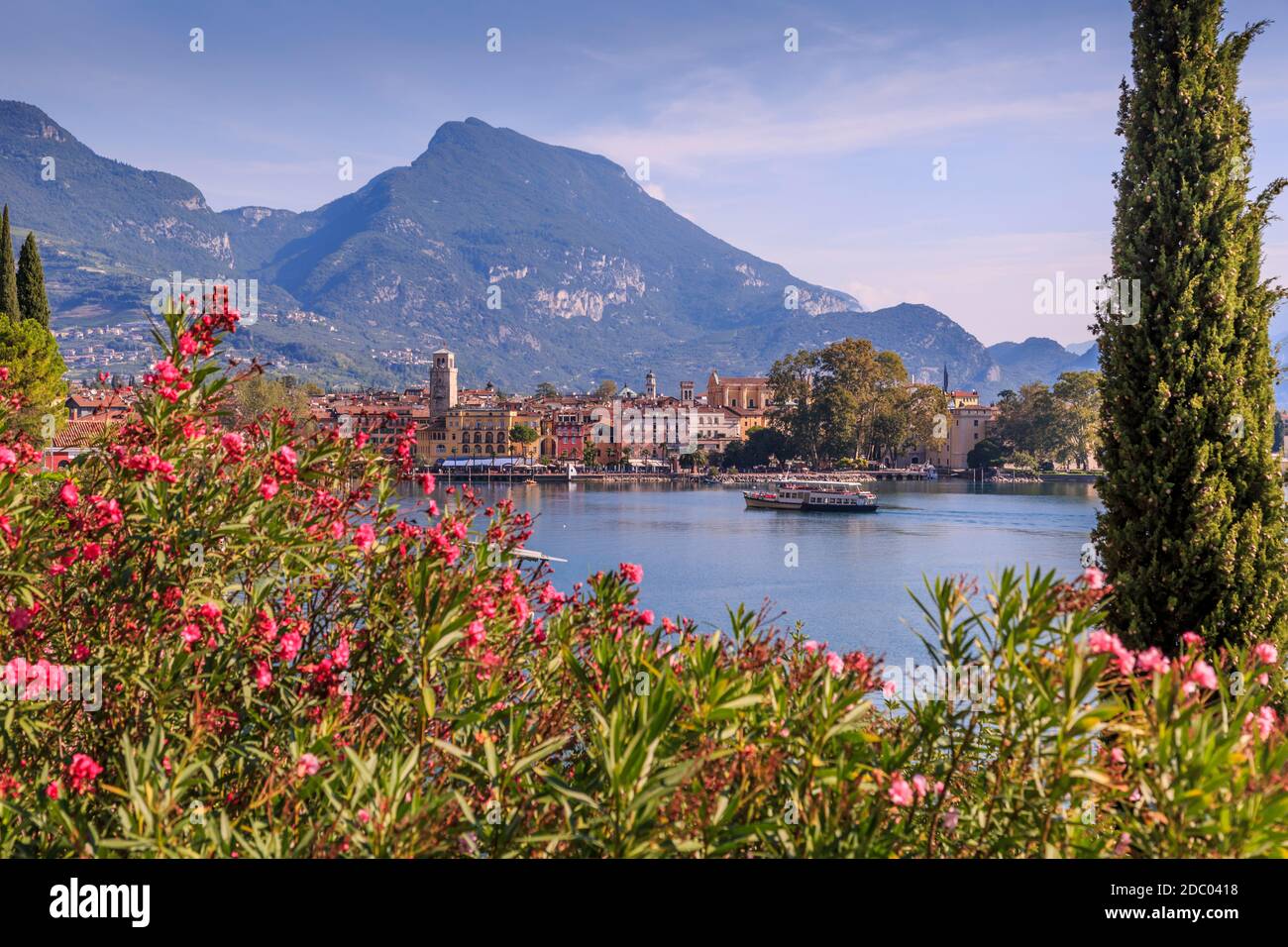 Elevated view overlooking the harbour at Riva del Garda, Lake Garda ...