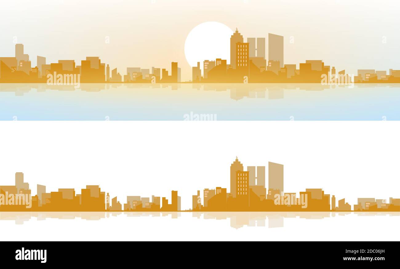 View of the modern daytime city. The brightening light of the sun ...