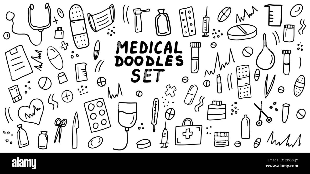 Medical doodles icon set. Hand drawn lines health care concepts ...