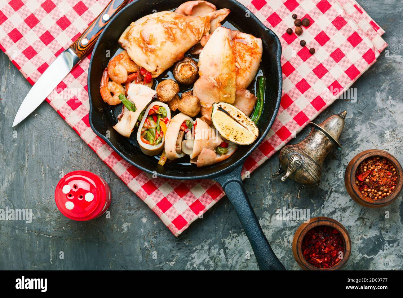 Grilled squid stuffed with vegetables.Delicious stuffed cuttlefish ...