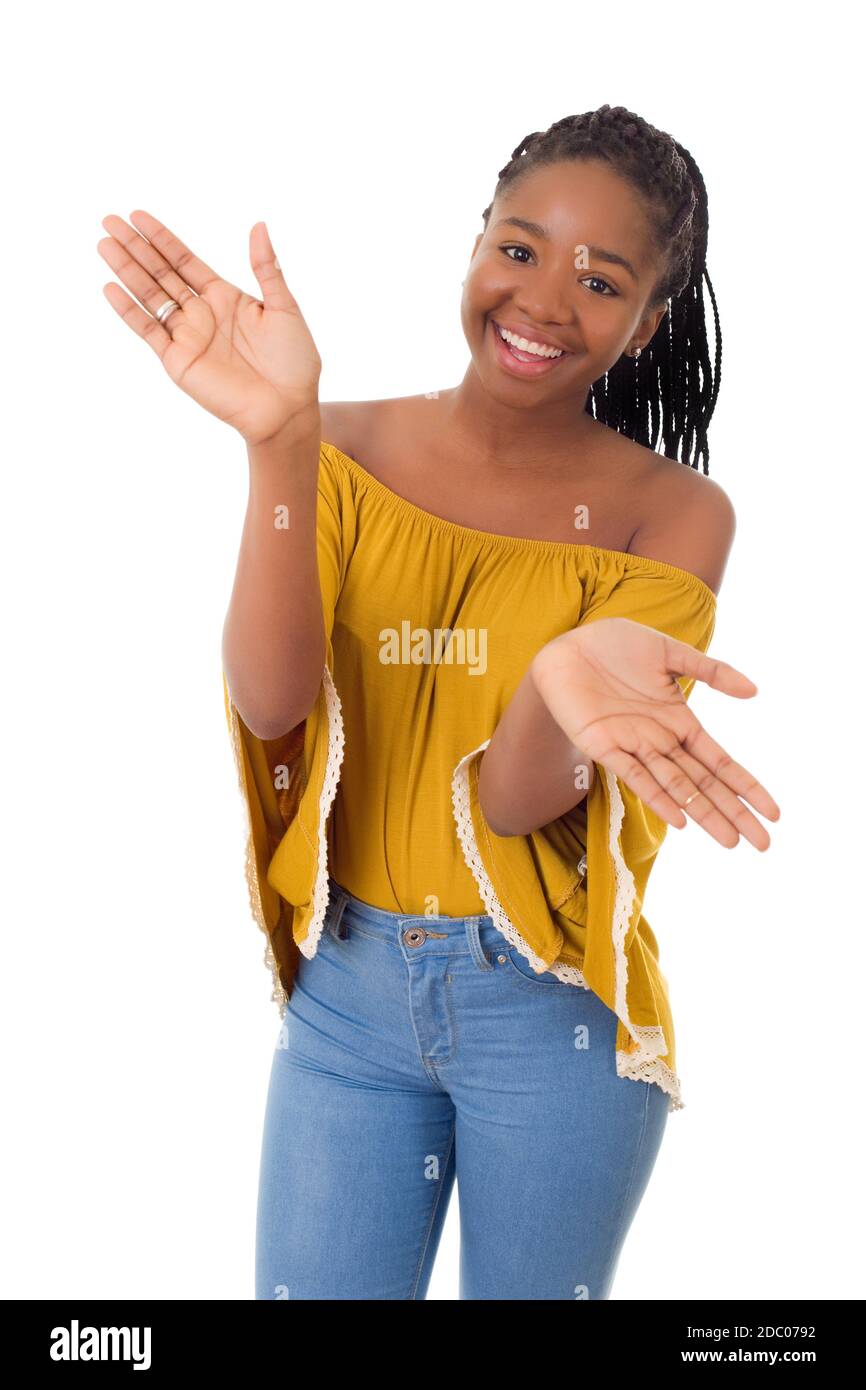 Happy african girl isolated on white background Stock Photo - Alamy