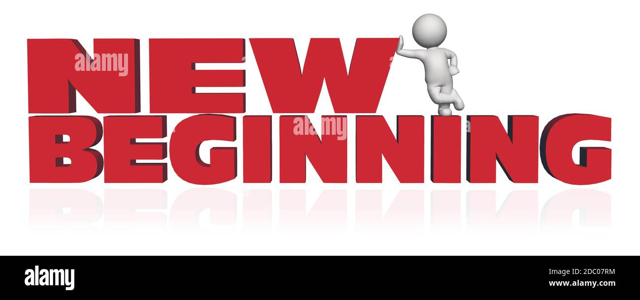 NEW BEGINNING lettering in red color and leaning 3D people with ...