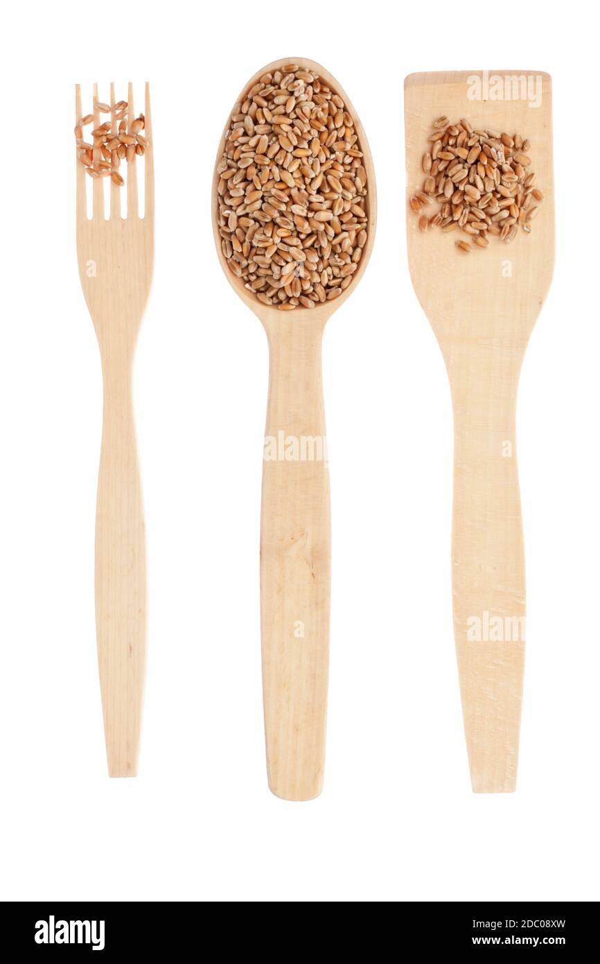 Wooden spoon, fork, paddle with wheat, isolated on white background ...