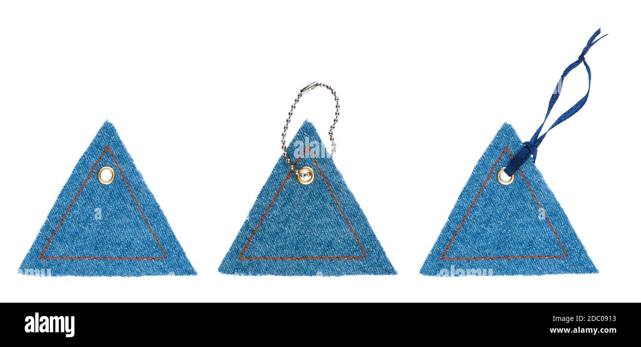 Set jean tags in the form of triangles with metal rivets, isolated on ...