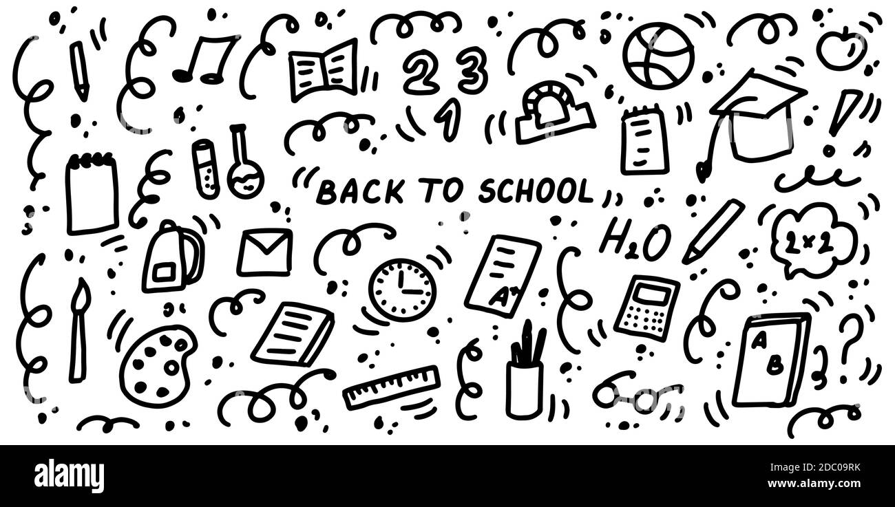 Back to school - doodles icon set. Hand drawn lines supplies, cartoon ...