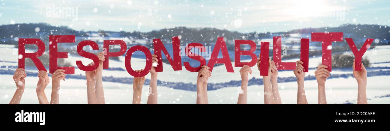 People Hands Holding Colorful English Word Responsibility. Snowy Winter ...