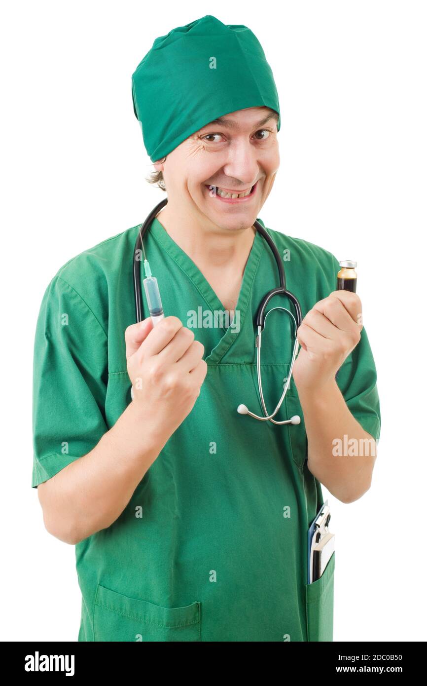 mad doctor with a syringe isolated over white background Stock Photo ...