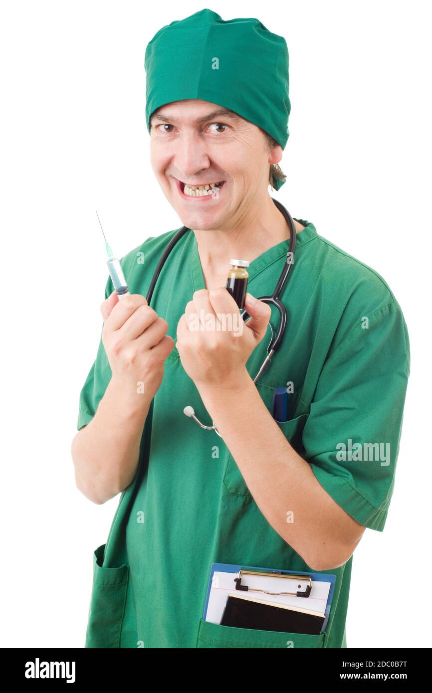 mad doctor with a syringe isolated over white background Stock Photo ...